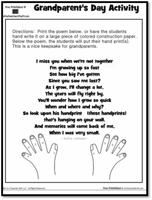 Grandparent's Day Activity Keepsake Handprint Poem - A to Z Teacher Stuff
