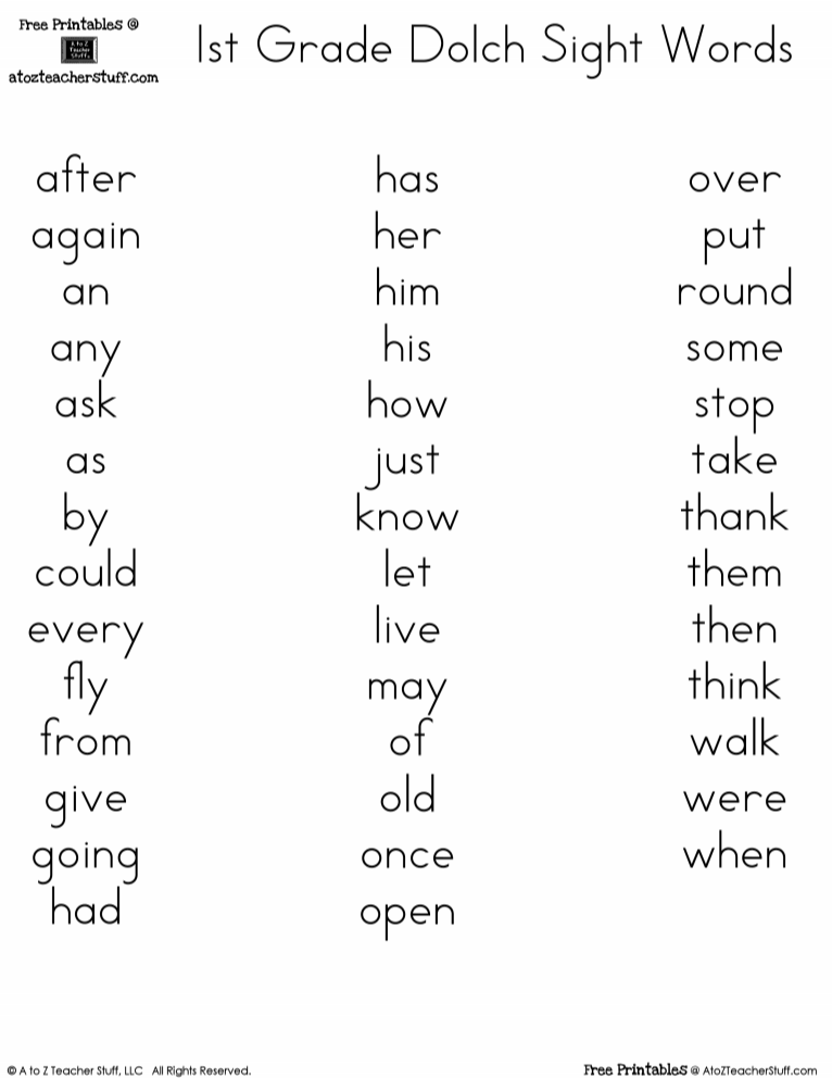 First Grade Dolch Sight Word Printables - A to Z Teacher Stuff