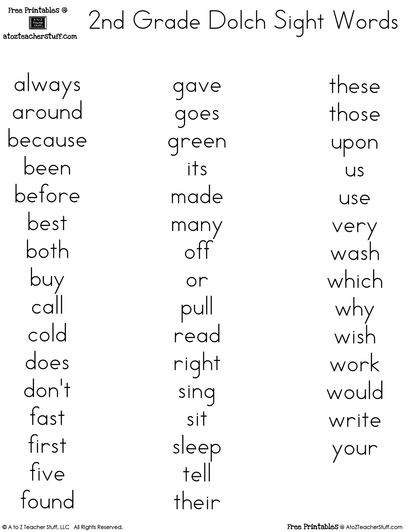 Second Grade Dolch Sight Word Printables - A to Z Teacher Stuff