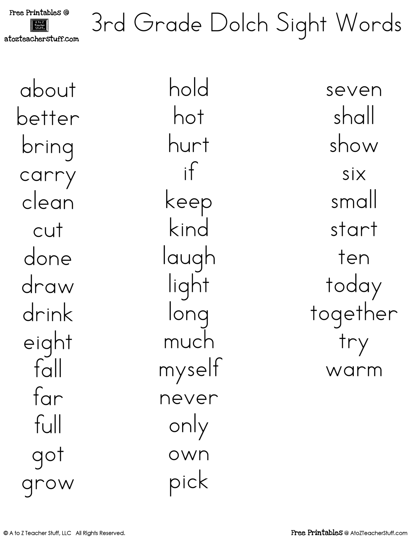 Third Grade Dolch Sight Word Printables - A to Z Teacher Stuff