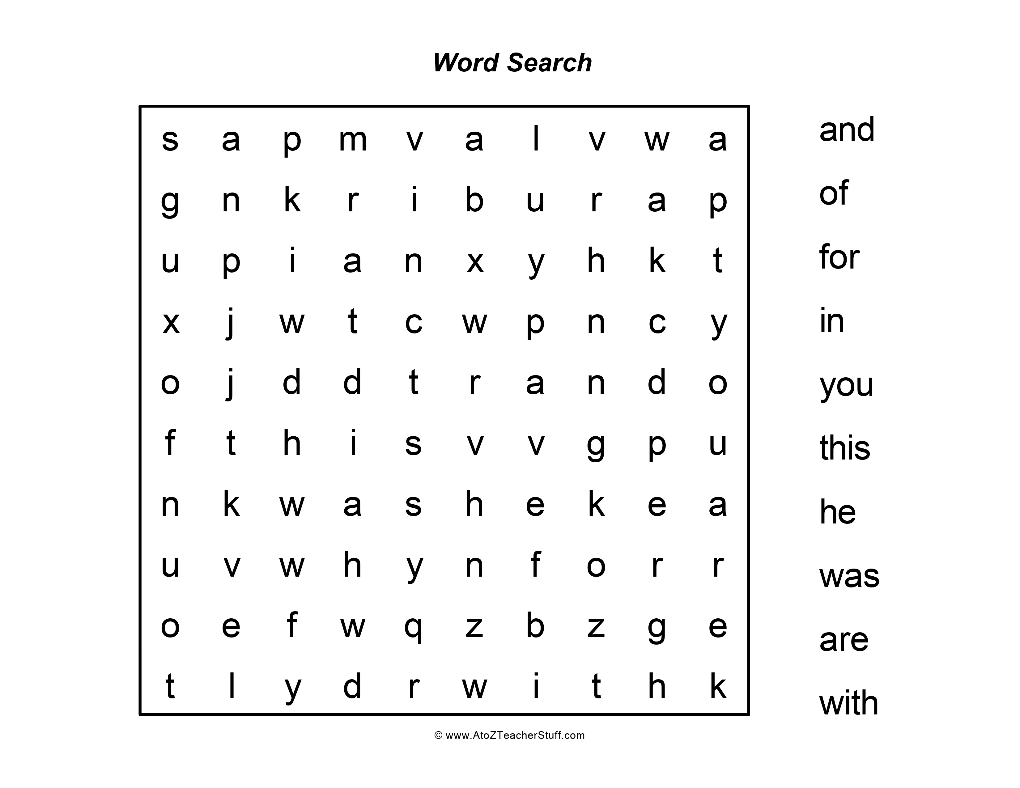 Sight Words Practice Word Search: you, two, we, all, am, yes - A to Z ...