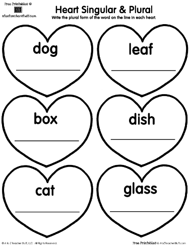 Heart Singular Plural Printable Worksheet - A to Z Teacher Stuff