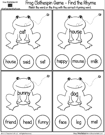 Frog Clothespin Game - Match the Rhymes - A to Z Teacher Stuff