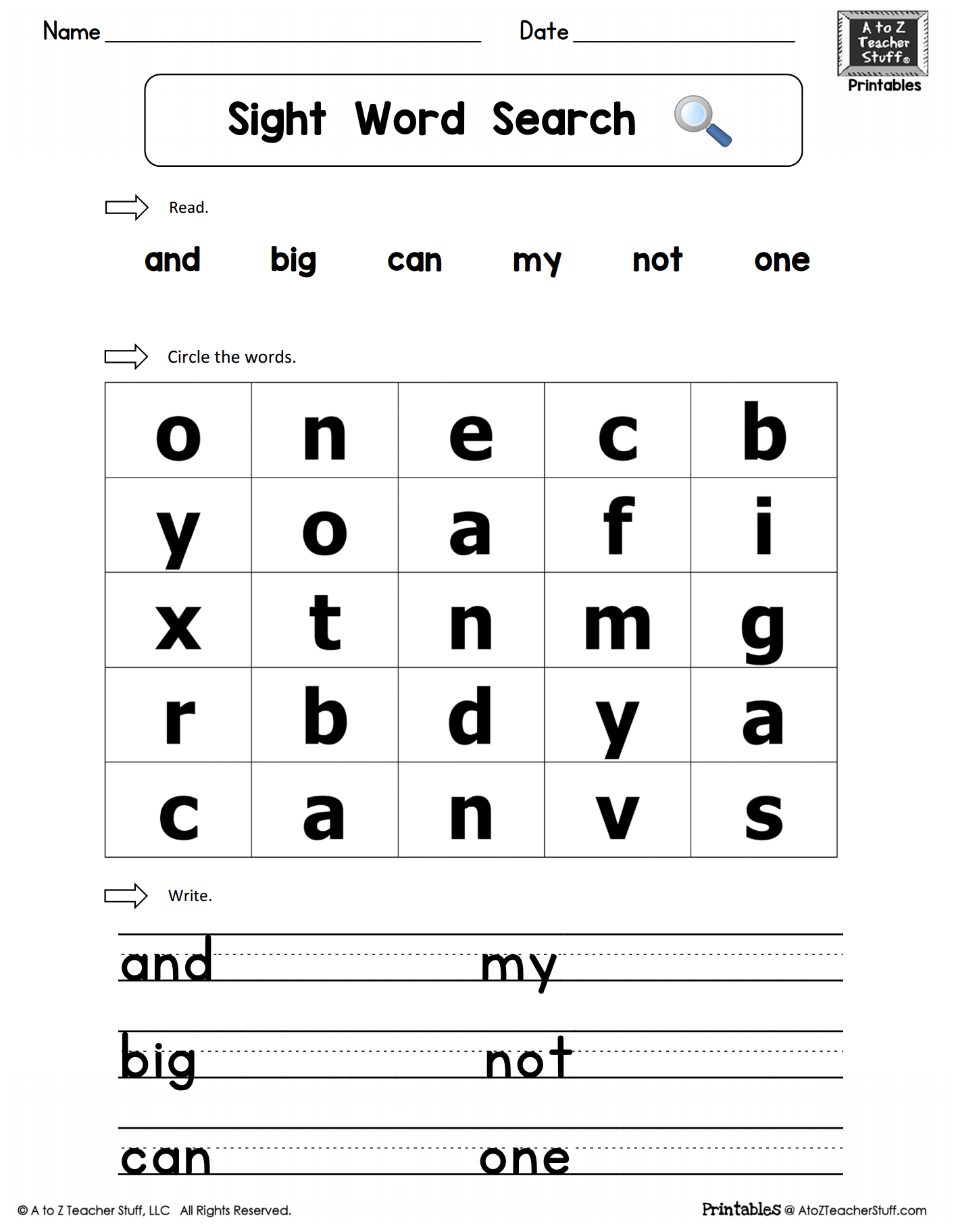 Sight Words Crossword Puzzle (are, for, and, in, of) - A to Z Teacher Stuff