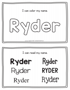 Ryder - Name Printables for Handwriting Practice - A to Z Teacher Stuff